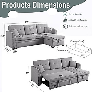 Generic Sleeper Sofa, Sofa Bed- 2 in 1 Pull Out Couch Bed with Storage Chaise with 2 Pillows for Living Room, Linen Fabric Sofa Sleeper with Pull Out Bed Couch,Light Grey