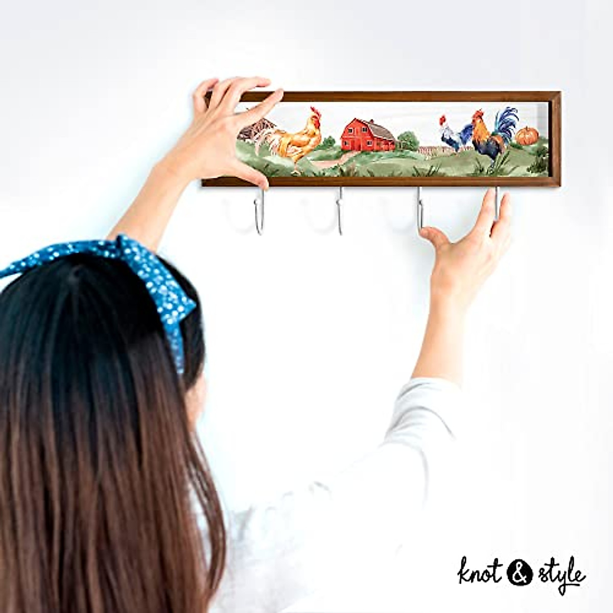 Knot and Style Rooster Decor Wall Art - Chicken Kitchen Decor (4 x Towel/Coat/Key Hooks) Made from Wood 3.5 x 16.9 & Wall Mounting Screws Country Kitchen Decor - Rooster Kitchen Decorations