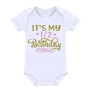 Baby Girls Half 1st 2nd Birthday Outfits Fancy Party Cake Smash Short Sleeve Gold Letter Print Shiny Sequin Bowknot Romper Bodysuit + Tulle Tutu Skirt + Headband + Stripes Leg Warmer 4PCS Clothes Set