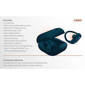 Coby True Wireless Sport Earbuds 15 Hours, Charging Case, Playback Controls, Siri and Google Assistant, Auto Bluetooth 5.0 Pairing, for Gym, Running, Workout - Works with iPhone, Android, iPad (Blue)