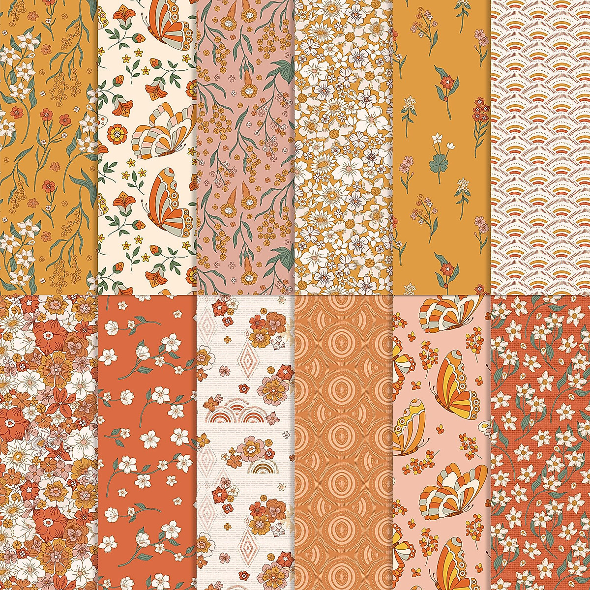 JarThenaAMCS 12Pcs Groovy Bouquet Cotton Fabric Bundles Wildflower Meadow Flowers Fat Quarter 70s Boho Flower Quilting Patchwork for Mother's Day DIY Handmade Sewing Crafting, 18 x 22 Inch