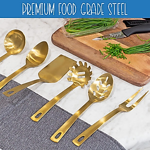 Darware Complete Serving Spoon & Utensil Set (6-Piece Set, Gold); w/Pasta Server, Fork, Spoon, Slotted Spoon, Ladle, & Cake/Casserole Server