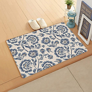 Vintage Retro Blue Floral Print Antifatigue Kitchen Bath Door Mat Cushioned Runner Rug,Washable Welcome Floor Sink Mat,Retro Abstract Waterproof & Non-Slip Comfort Standing Doormat for Kitchen,18"x59"