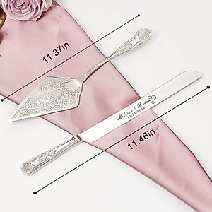 TUKDAK Silver Cake Knife and Server Set, Personalized Cake Cutting Set For Wedding, Cake Cutter Pie Pizza Server Set, Engraved Cake Serving Set for Anniversary Birthday Party Gift (Silver)