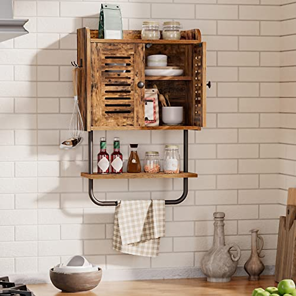 HOOBRO Medicine Cabinet, Double Doors Bathroom Wall Cabinet with Towel Bar, Adjustable Shelf, 2 Hooks, Over The Toilet Storage Cabinet, for Bedroom, Kitchen, Rustic Brown BF46CW01