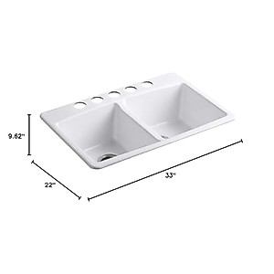 KOHLER K-5846-5U-0 Brookfield Under-Mount Double-Equal Bowl Kitchen Sink with 5 Oversized Faucet Holes, White