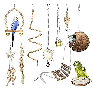 TOLMIOW 9 Pieces Parrots Chewing Natural Wood and Rope Bungee Bird Toy for Anchovies, Coconut Hideaway with Ladder ,Bird Perch Stand, Bird Cage Accessories, Parakeets, Cockatiel, Conure, Mynah, Macow