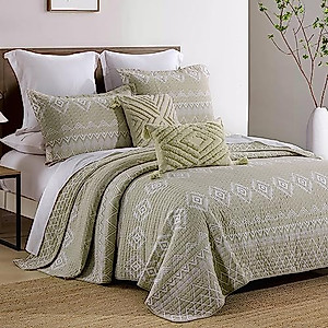 Finlonte King Size Quilt, 100% Cotton Lightweight Boho King Bedspread, Beige White Striped Geometric Soft Reversible Quilt King Size Bedding Set for All Season, 3-Pieces