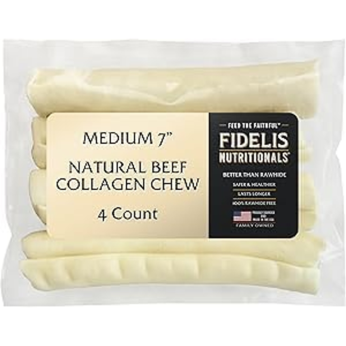 FIDELIS Rawhide-Free Treat Sticks, Long Lasting, Collagen Dog Chews, Treats, Small & Large Dogs, Beef Collagen, Gluten-Free, Grain-Free, Dog Chew, Bones-Alternative, Made in USA, 4pk, Beef, 7"