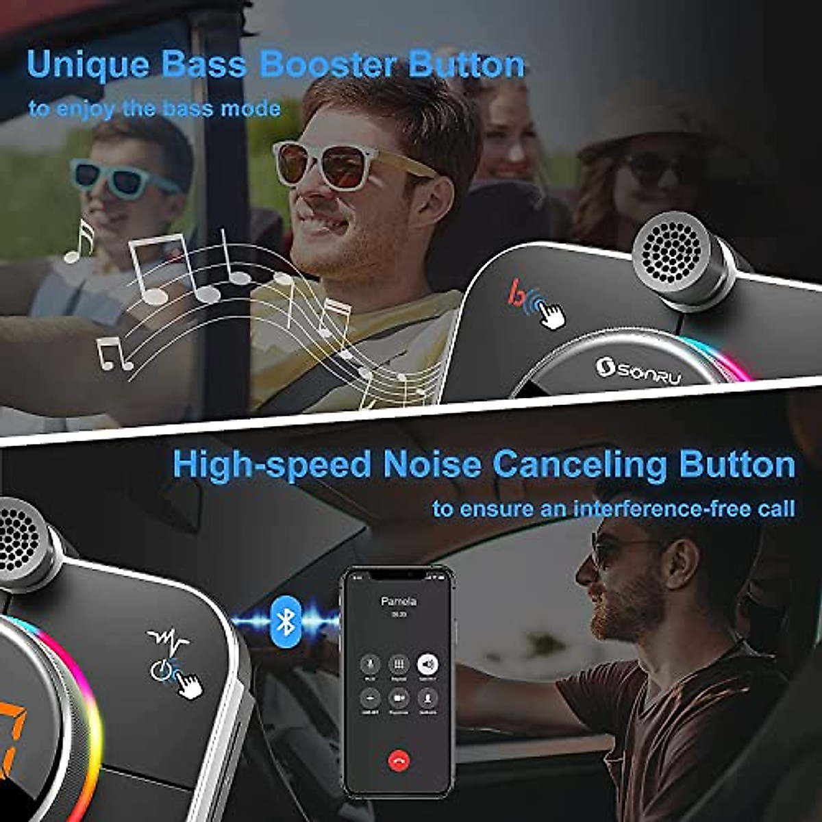 Bluetooth Car Adapter, SONRU QC3.0+PD Bluetooth FM Transmitter for Car Radio [Adjustable Microphone & Bass] [Air Vent Install] Hands-Free Call AUX Bluetooth Receiver for Car, SD Card Slot/Siri