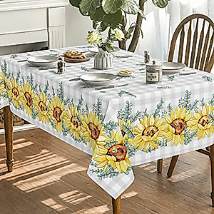 Horaldaily Spring Summer Tablecloth 60x60 Inch, Buffalo Plaid Sunflower Eucalyptus Floral Table Cover for Party Picnic Dinner Decor