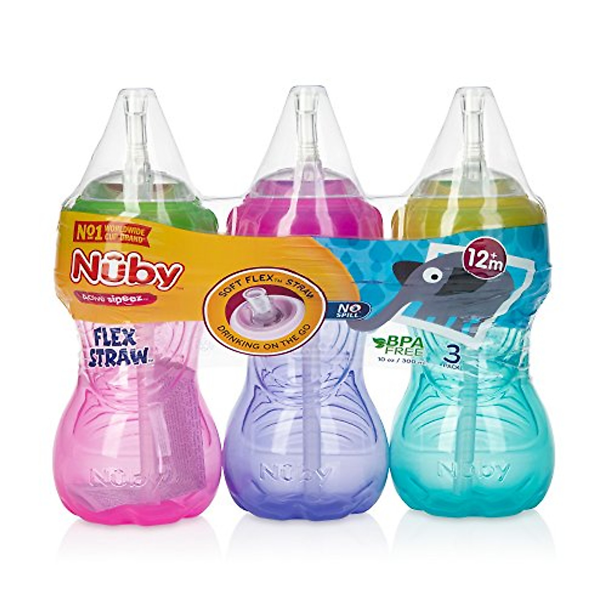 Nuby 3 Piece Girl No-Spill Cup with Flex Straw, 10 Ounce