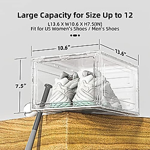Upgrade Solid Shoe Storage Boxes, 6 Pack Shoe Box Clear Plastic Stackable, Shoe Organizer Box, Drop Front Shoe Box, Plastic Display Shoe Boxes, Shoe Containers for Sneaker Storage Up to US Size 12