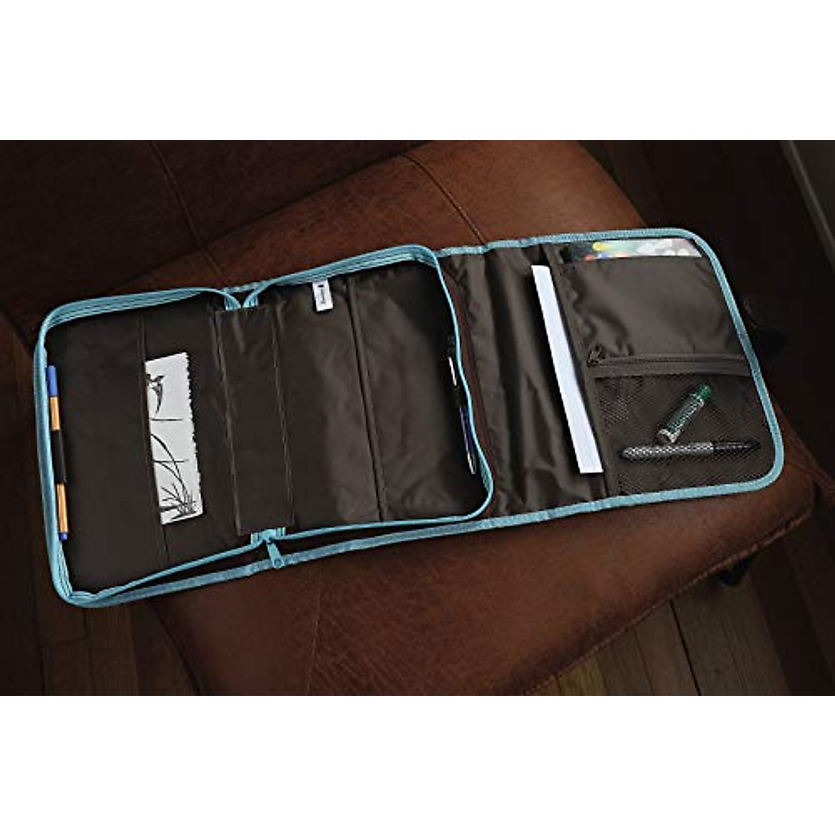 Tri-Fold Bible Cover, Bible Study Organizer, Velcro Closure, Nylon, Brown/Blue, Large