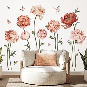 wondever Pink Peony Rose Flower Wall Stickers Boho Floral Peel and Stick Wall Art Decals for Girls Bedroom Living Room TV Wall