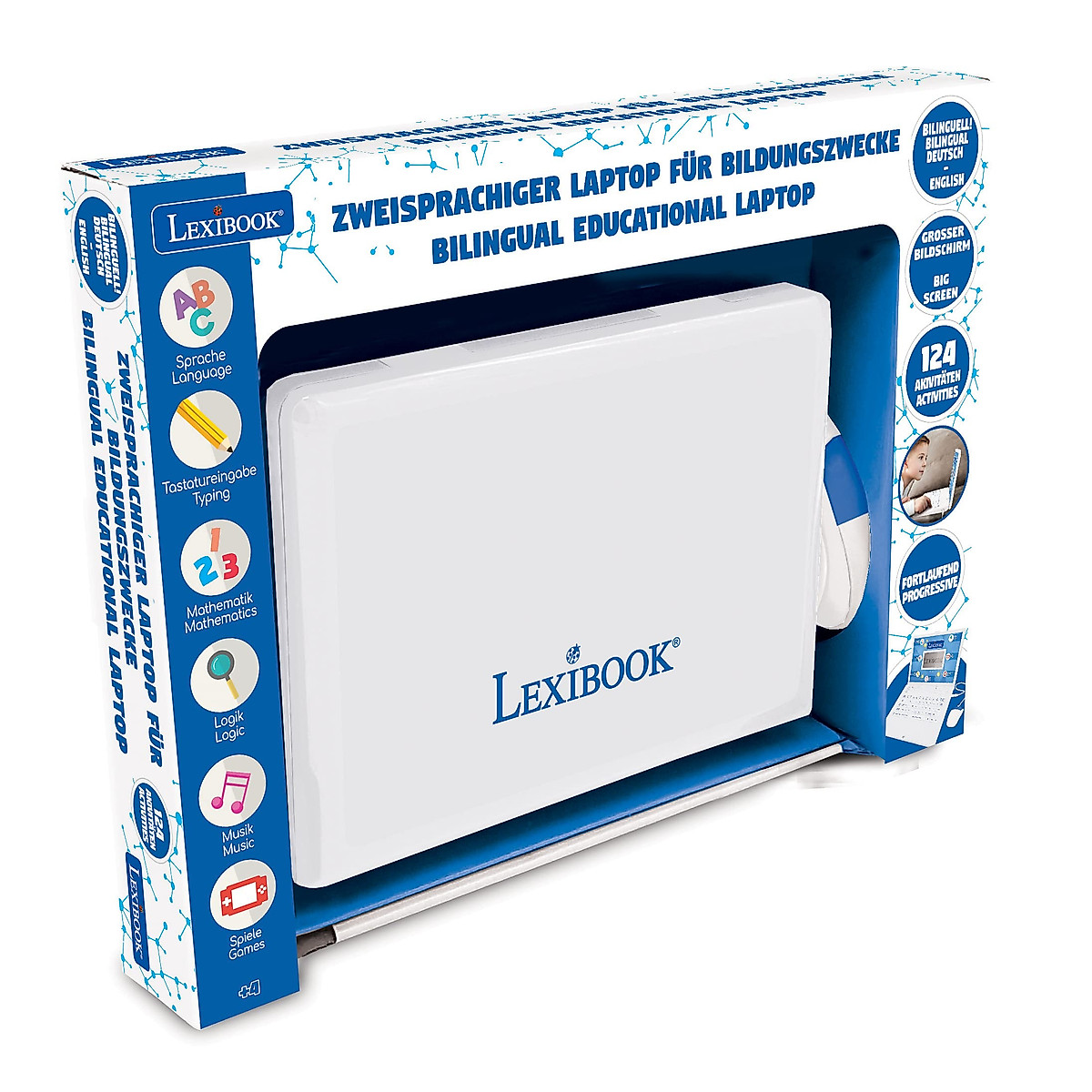 LEXIBOOK JC598i3 Educational and Bilingual Laptop German/English-Toy with 124 Activities to Learn, Play Games and Music-Blue/White