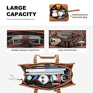 LOVEVOOK Laptop Bag for Women 15.6 inch Lightweight PU Laptop Tote Bag, Large Capacity Computer bag with Clutch Purse for Business, Work, Office, Travel, School,Casual(Brown & Leather)