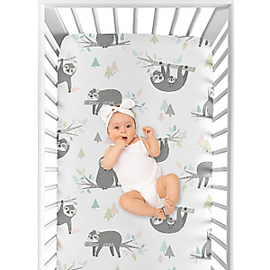 Sweet Jojo Designs Pink and Grey Jungle Sloth Leaf Girl Baby or Toddler Nursery Fitted Crib Sheet - Blush, Turquoise, Gray and Green Botanical Rainforest