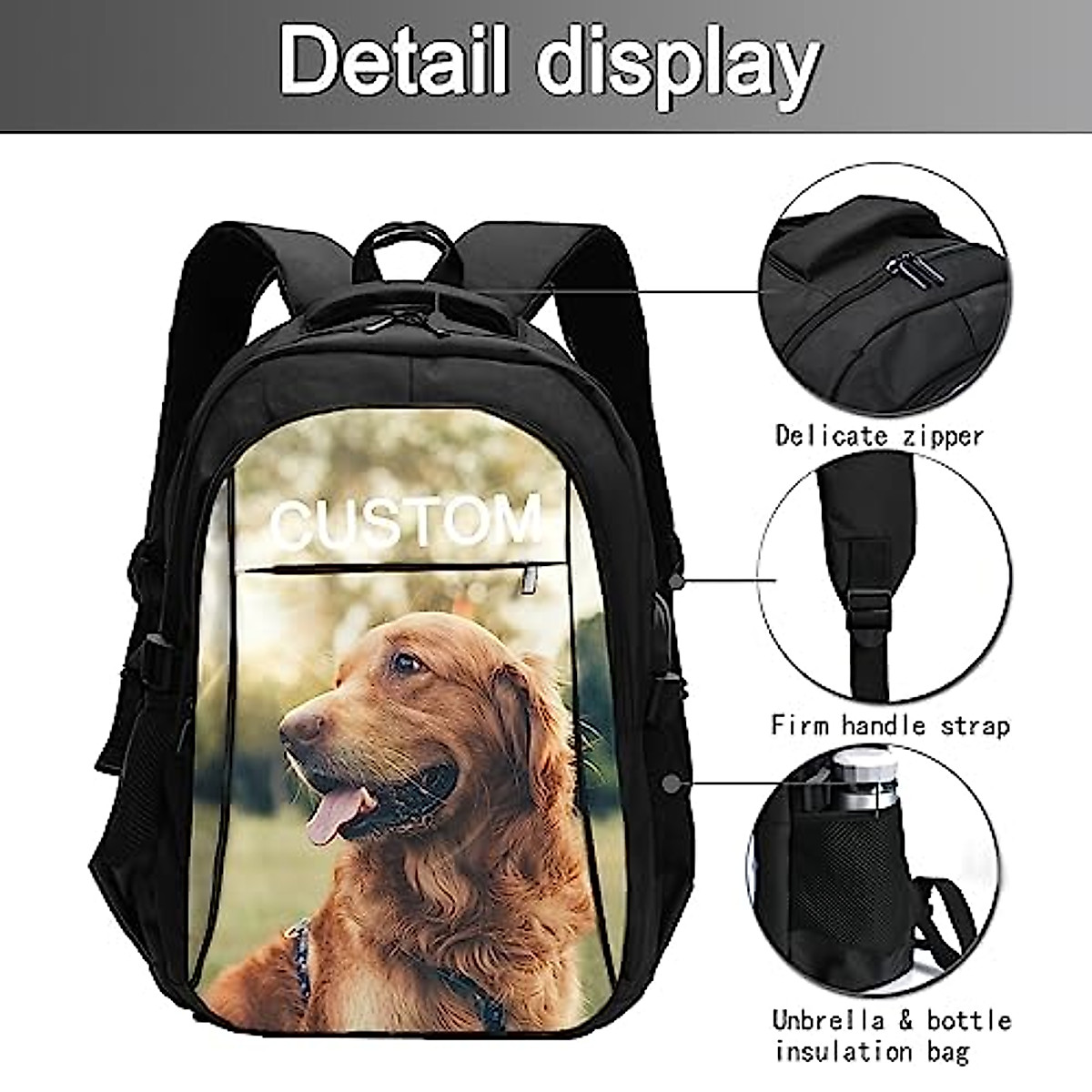 GIFTSDIY Custom Travel Laptop Backpack Personalized Name bags with Photo Customized Computer USB Bags for Women Men Black