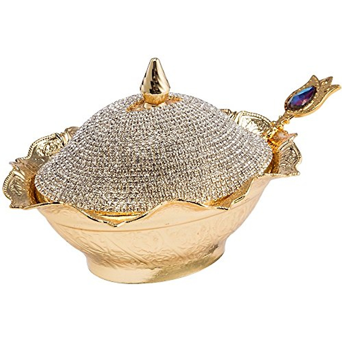 Swarovski Crystal Coated Handmade Brass Sugar Chocolate Candy Bowl Serving Dish with Lid & Spoon (Gold)