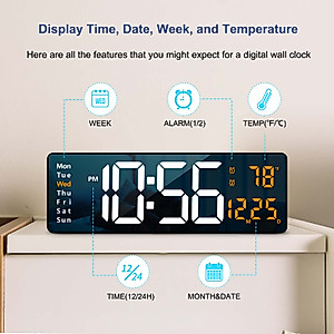 Digital Wall Clock Large Display, 16.2 Inch , LED Digital Clock with Remote Control for Living Room Decor, Automatic Brightness Dimmer with Date Week Temperature (Orange)