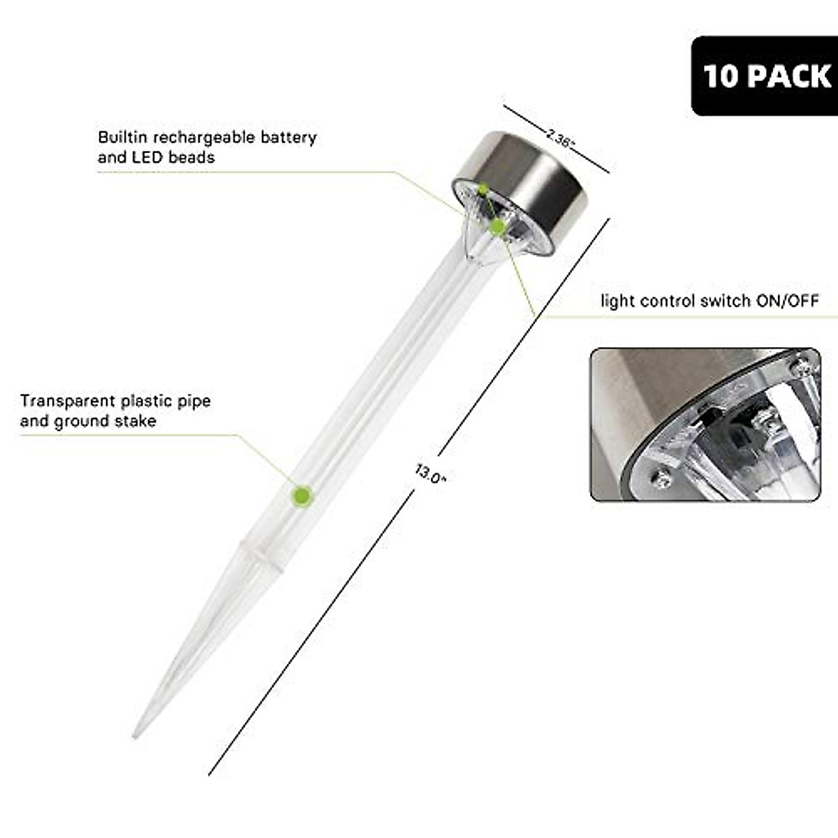 Grand patio Solar Landscape Lights Transparent Decorative Waterproof, 10 Pack Solar Powered Pathway Lights, Weather-Resistant Outdoor Lighting for Yard, Garden, Pool, Green