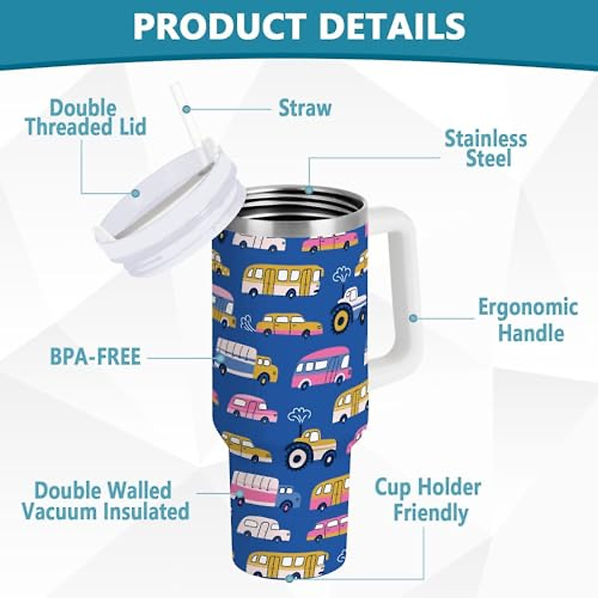 Caikeny Insulated Tumblers with Lid and Straw City Cars Tractors 30 oz Reusable Stainless Steel Cup Vehicles Water Bottle Coffee Travel Tumbler Mug for Women Men