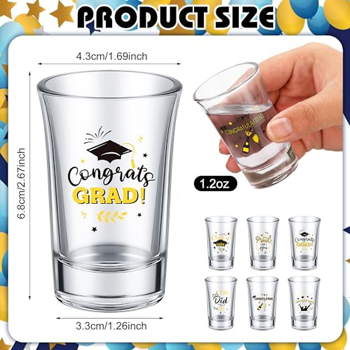 Rtteri 12 Pcs Graduation Clear Party Shot Glasses Set 2024 Graduation Whiskey Glass Gift 1.2 oz Thick Base Shot Glasses Funny Graduation Glass for College High School Graduate Party Supplies, 6 Styles