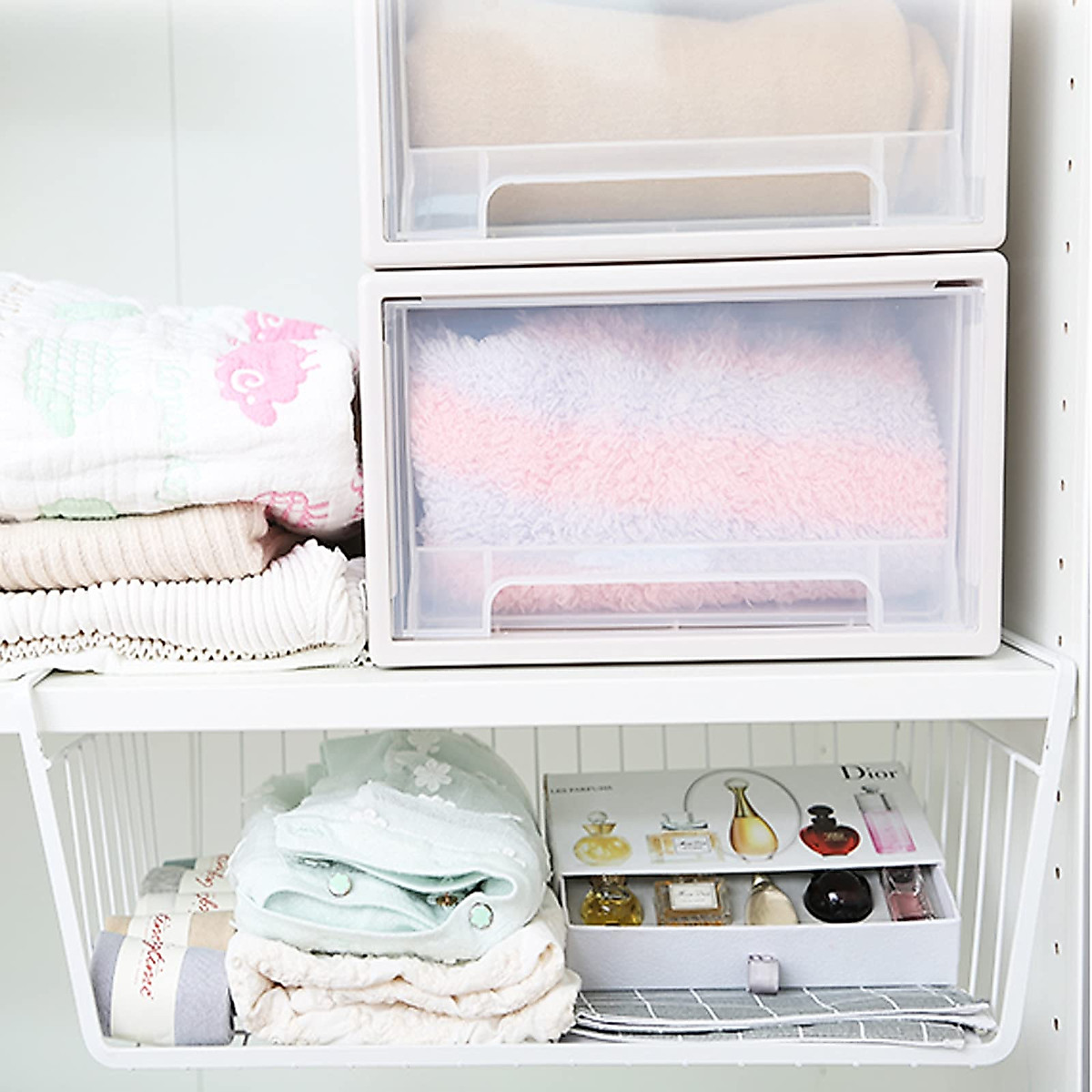 Under Shelf Basket, 4 Pack White Black Wire Rack, Slides Under Shelves for Storage Space on Kitchen Pantry Desk Bookshelf Cupboard