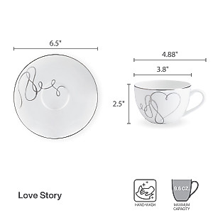 Mikasa Love Story Platinum Banded Teacup and Saucer Set, Set of 4, 9.6-Ounce, White
