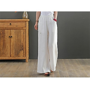 Les umes Women's Casual Wide Leg Linen Pants High Waist Drawsting Loose Palazzo Pants Beach Trousers White XL