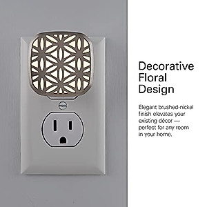 Lights by Night Decorative LED Night Light, Brushed Nickel Flower Design, Plug-in, Dusk to Dawn Sensor, UL-Certified, Home Décor, Ideal for Bedroom, Bathroom, Kitchen, Hallway, 54744, 2 Pack