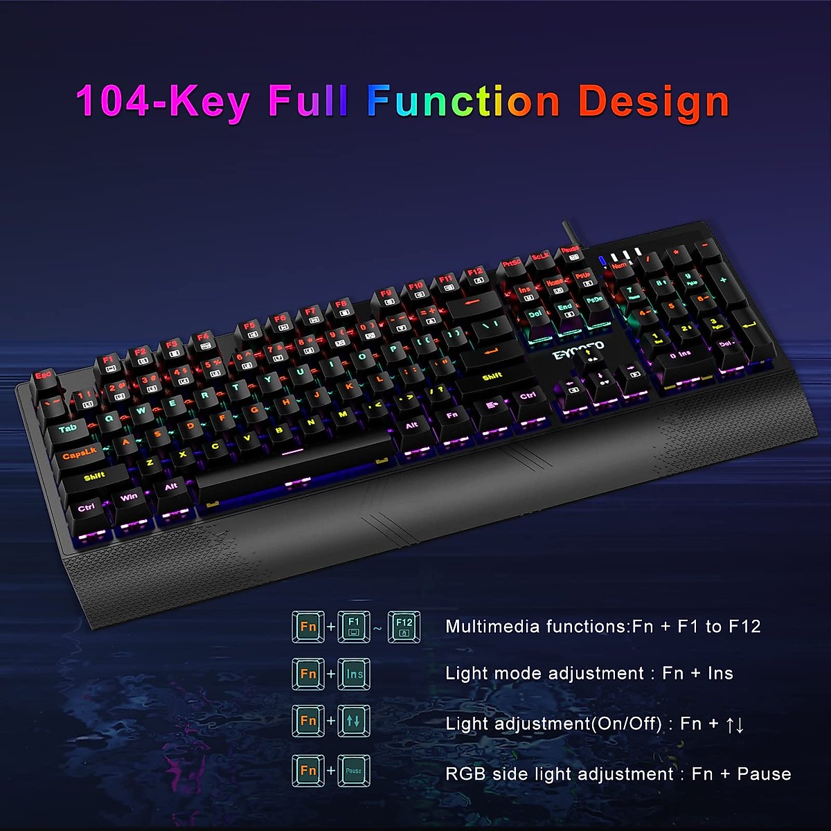 E-YOOSO Mechanical Keyboard, Mechanical Gaming Keyboard with Blue Switches, 104 Keys, Wired Keyboard Mechanical with Rainbow Backlit & RGB LED Side Light, Clicky Keyboard for Windows, Gaming, PC