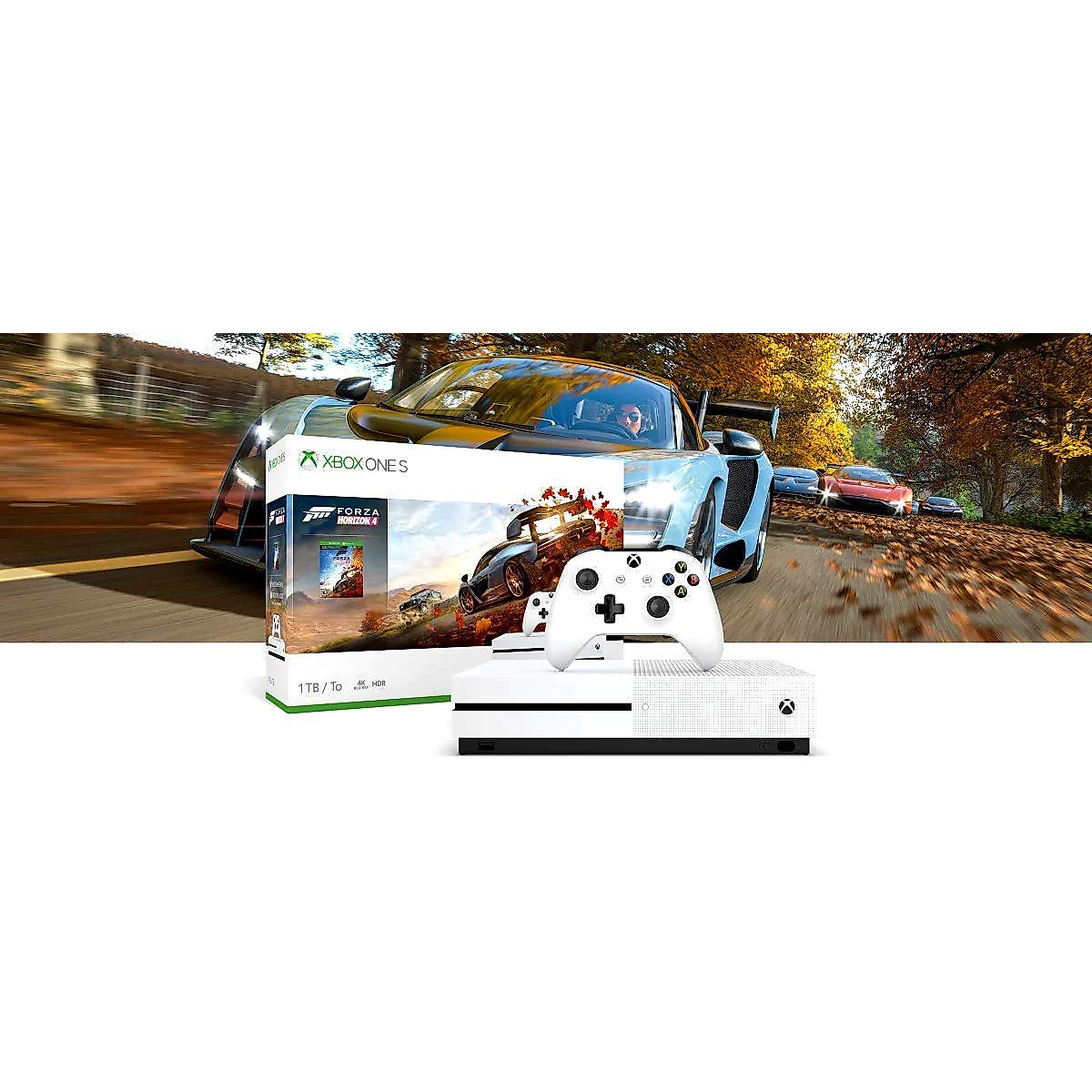 Xbox One S 1TB Forza Horizon 4 Console Bundle - Digital download of Forza Horizon 4 included - White Controller & Xbox One S included - 8GB RAM 1TB HD - Live Gold & Game Pass trials - 4K Blu-r