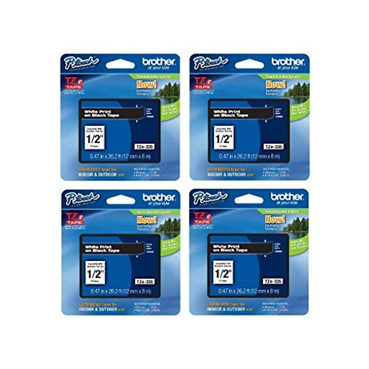 Brother Genuine P-Touch 4-Pack TZe-335 Laminated Tape, White Print on Black Standard Adhesive Laminated Tape for P-Touch Label Makers, Each Roll is 0.47"/12mm (~ 1/2") Wide, 26.2 ft. (8M) Long