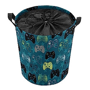 LynaRei Colorful Joystick Gamepad Laundry Basket with Handle, Gaming Cool Print Drawstring Round Collapsible Storage Bin, Dirty Clothes Hamper for Bedroom Bathroom