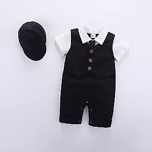 IDOPIP Baby Boy One-Piece Rompers Short Sleeve Jumpsuit Gentleman White Shirt Waistcoat Bowtie Tuxedo Formal Suit Infant Birthday Wedding Christening Outfit Clothes with Hat Black + Hat 6-9 Months