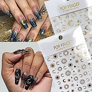 9 Sheets Laser Sun Stars Moon Nail Art Stickers Decals 3D Self-Adhesive Aurora Nail Decals Gold Sliver Designs Stars Nail Stickers for Women Nail Art Supplies DIY Luxury Designer Nail Decorations
