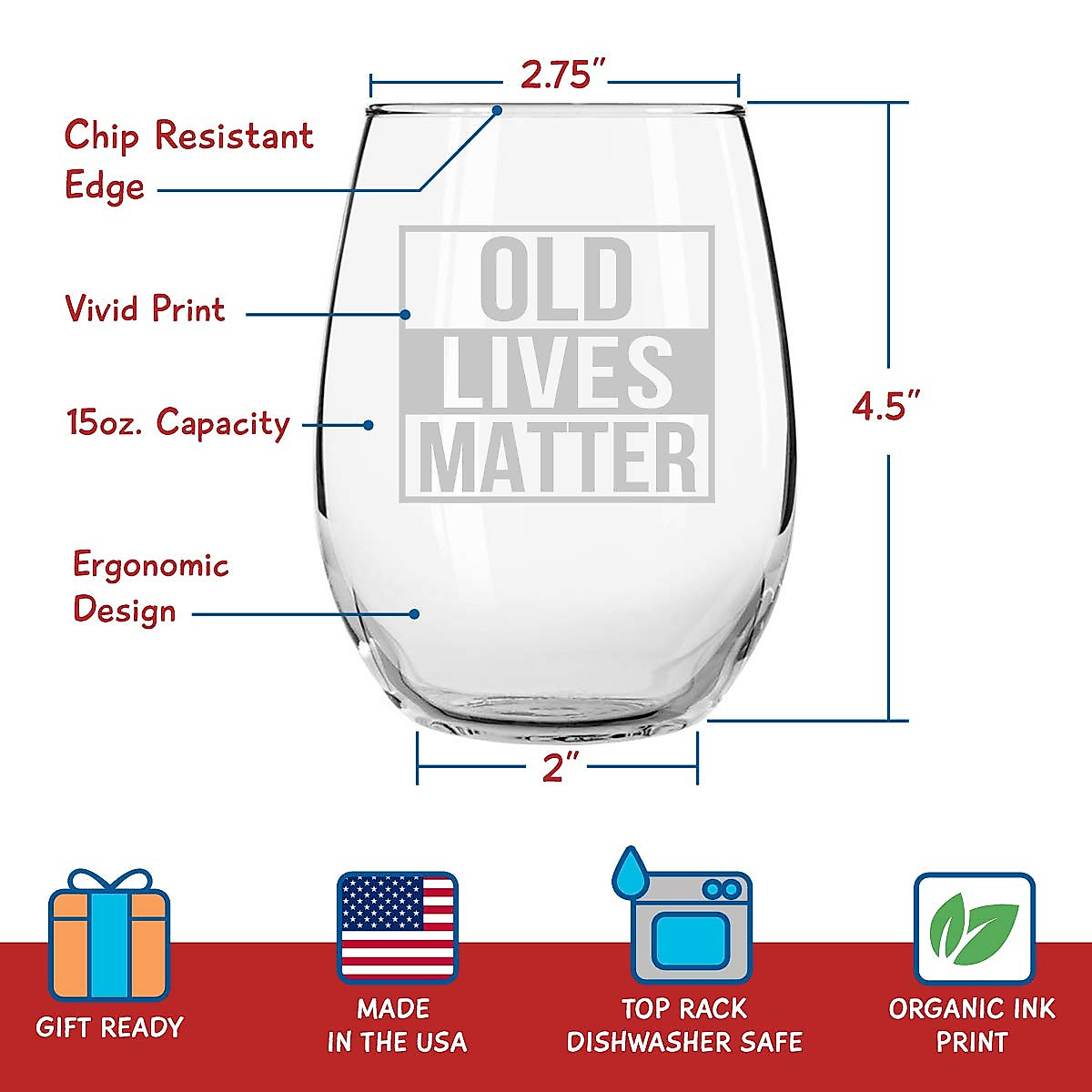 DU VINO Old Lives Matter Stemless Wine Glass, 15 oz | Birthday or Retirement Gift for Senior Citizens | Gag Gift for Mom, Dad, Grandma, Grandpa | Made in USA