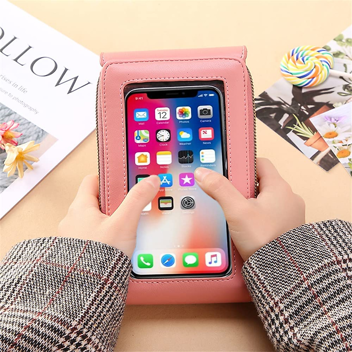 Cell Phone Bags, Crossbody Bags for Women Soft Leather Wallet Purse Touch Screen Mobile Phone Handbags & Shoulder Bags (pink)