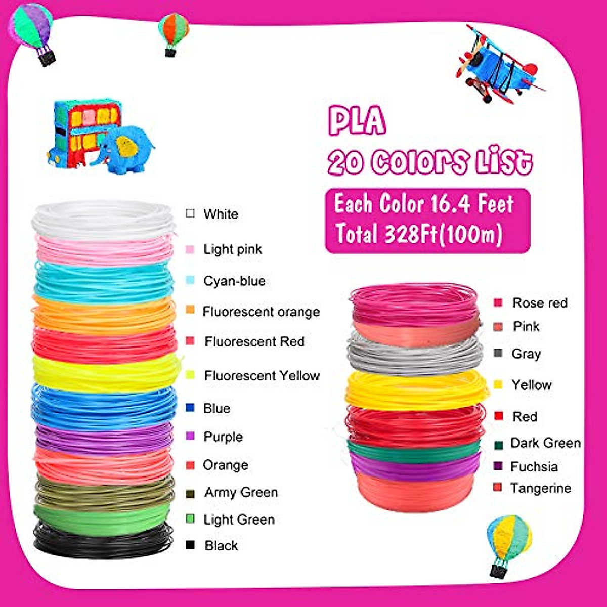 3D Pen Filament 328 Feet 20 Colors, Widon PLA Filament Bonus Finger Caps, 1.75mm Filament Refills, Non-Toxic, Smooth Printing and Kids Safe