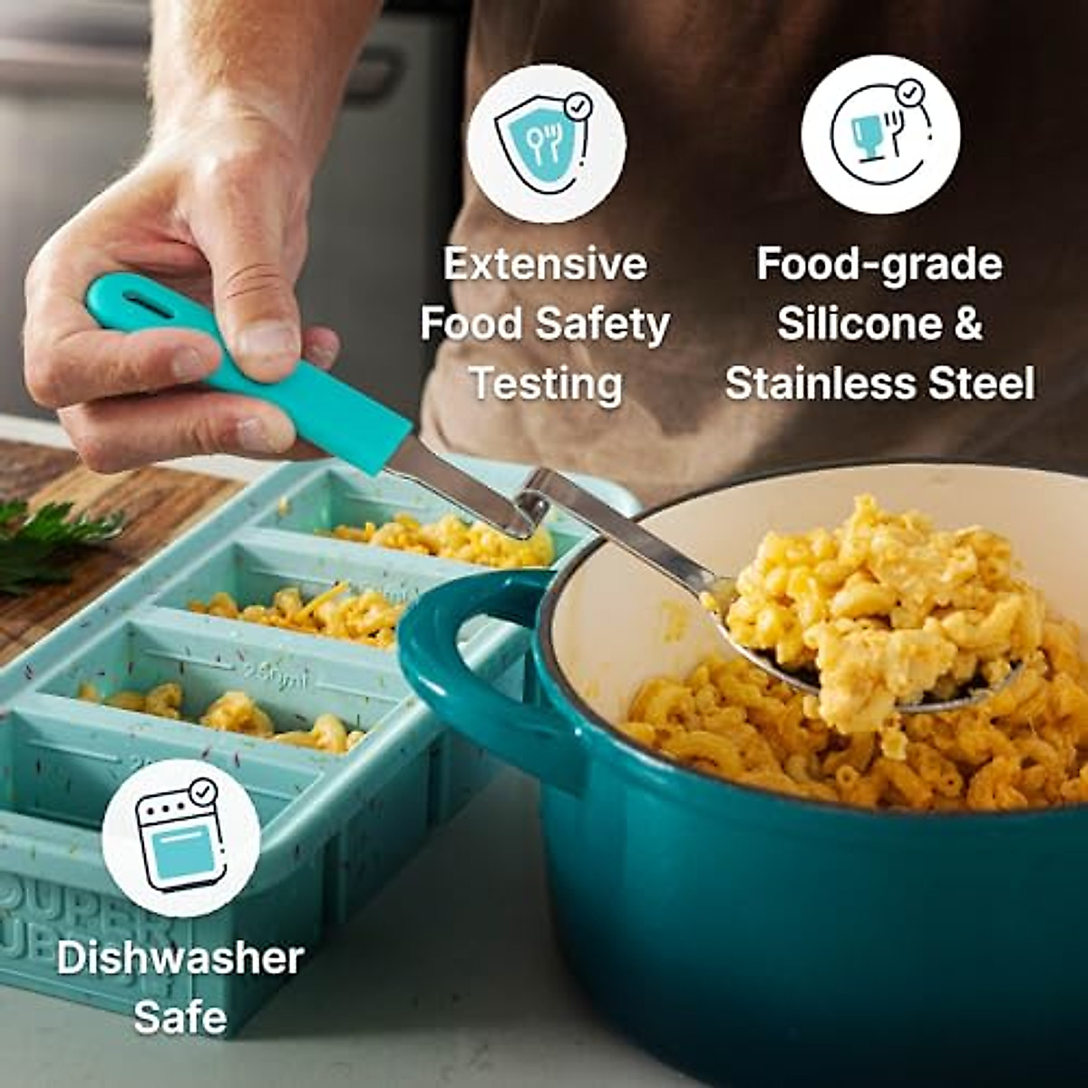 Souper Cubes + Lori Greiner No Mess Silicone Handle Stainless Steel Ladle and Serving Spoon Set - Kitchen Utensils for Cooking and Serving - Aqua Color - 2 Piece Set Spouted Ladle and Spoon