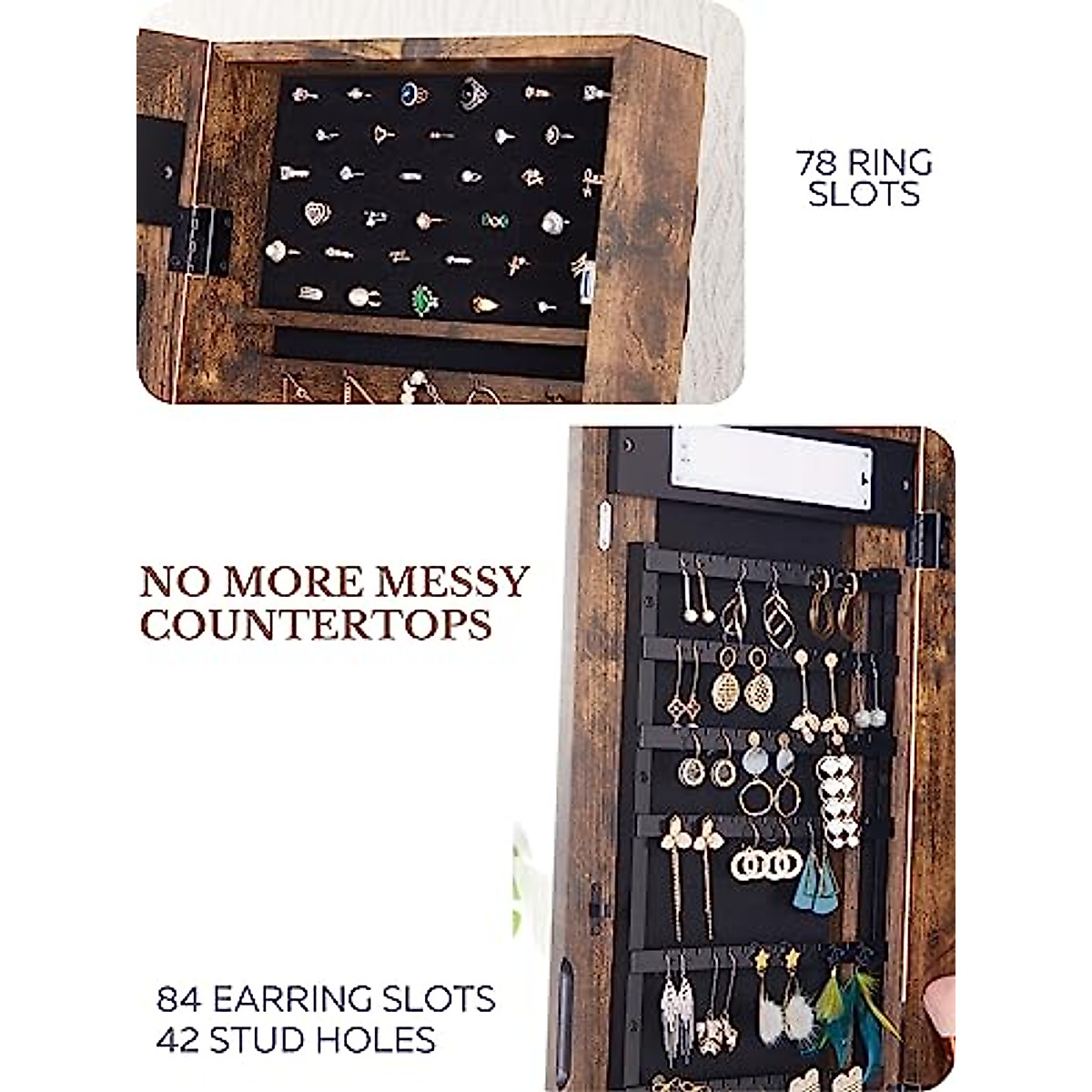 YOKUKINA Mirror Jewelry Cabinet with Lights, Full Length Mirror with Storage Organizer, Lockable Jewelry Armoire Makeup Mirror, Freestanding/Wall Mount/Over the Door, Rustic Brown