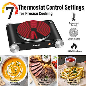 Cusimax Hot Plate Portable Electric Stove Countertop Single Burner with Adjustable Temperature Control & Non-Slip Rubber Feet, 7.4” Cooktop for Dorm Office Home Camp, Compatible for All Cookwares