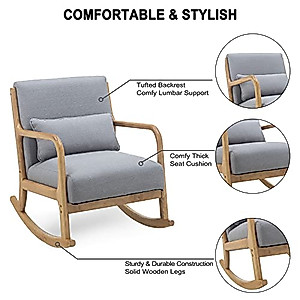 Artechworks Rocking Accent Chair Uplostered Mordern Nursery Fabic Glider Rocker Lounge Arm Chair with Padded Seat Wood Base for Adults Living Room Bedroom Balcony with Pillow, Grey