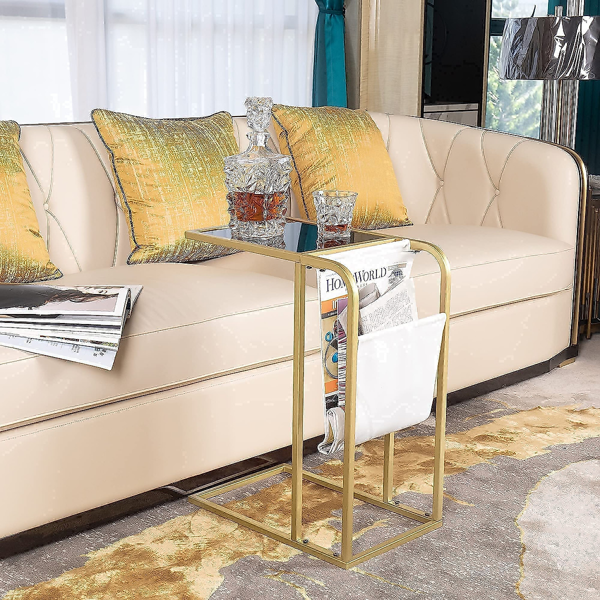 HAWOO Rectangle Nightstand, C Shaped End Snack Side Table Slide Under Couch with Glass Top and Storage for Sofa Coffee Laptop Living Room Bedroom Small Space, 18.5" L x 12" W x 24" H