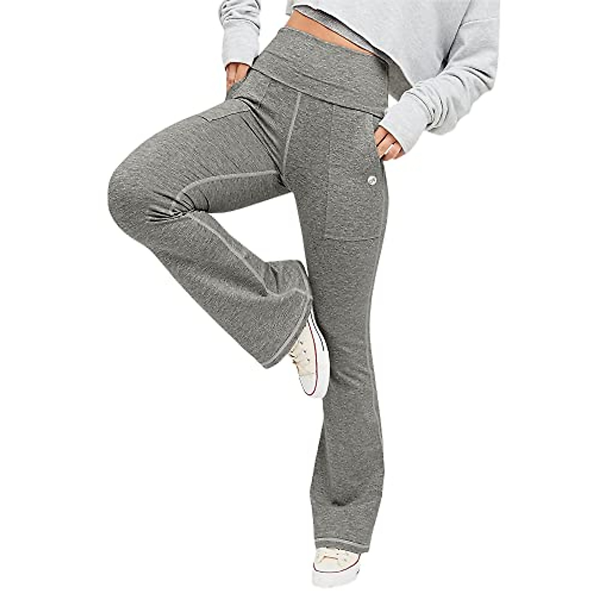 Aurgelmir Womens Flare Yoga Pants High Waisted Foldover Workout Leggings with Pockets Tummy Control Bell Bottom Pants Grey