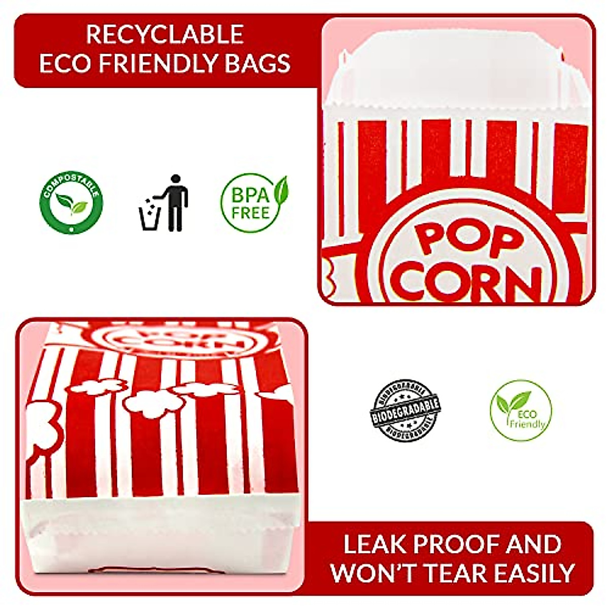 [300 Pack] Popcorn Bags 1 oz - Small Disposable Paper Popcorn Container, Red and Kraft Striped Leak Proof Flat Bottom for Movie Night Snacks, Concessions, Birthday Party, Circus Carnival Decorations