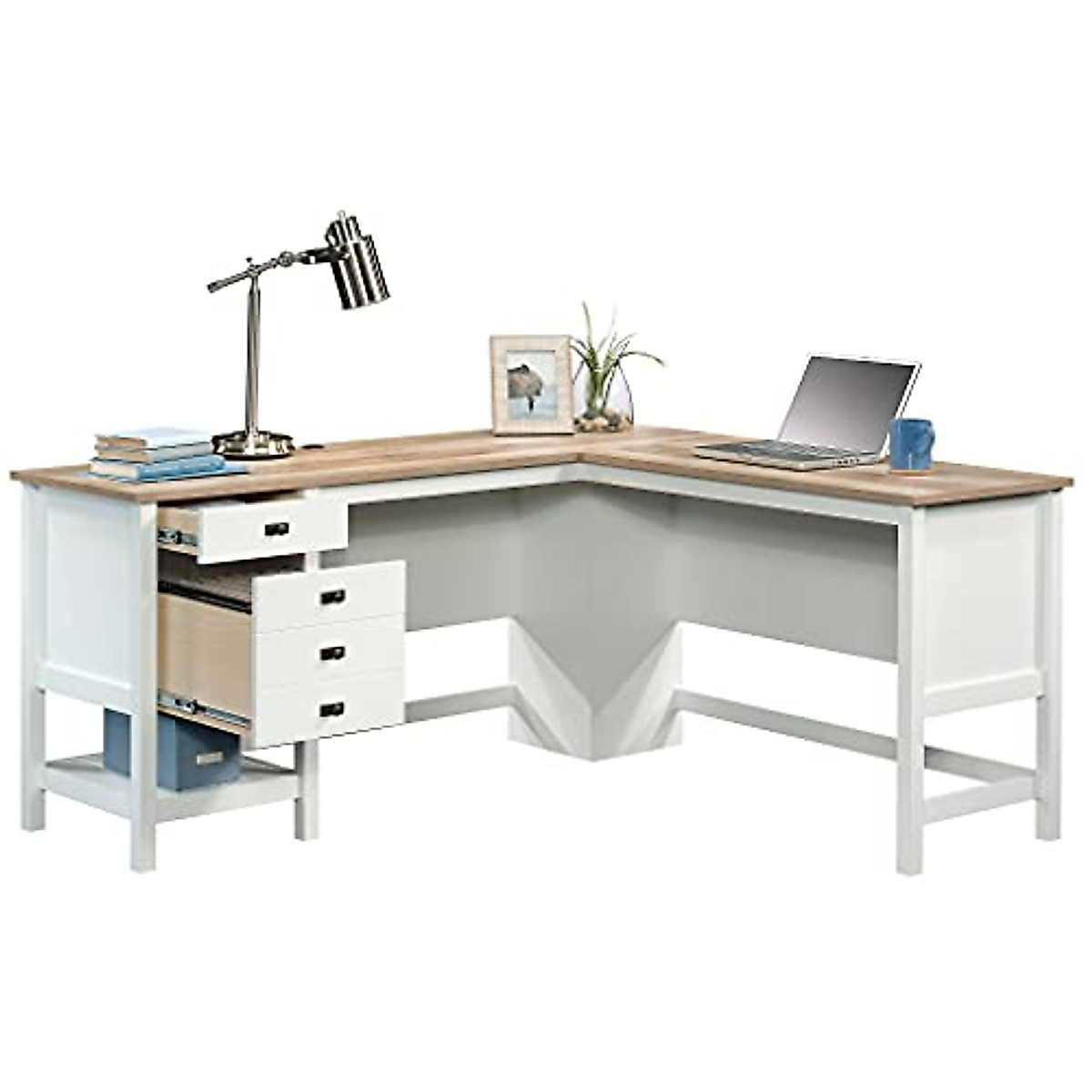 Sauder Cottage Road L-Desk, L: 65.11" x W: 58.66" x H: 29.76", Soft White Finish