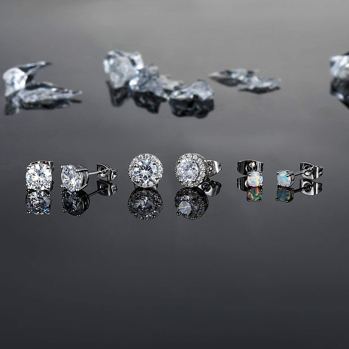 Pack of Earrings White Opal Cubic Zirconia Studs Hypoallergnic for Sensitive Ears 18K White Gold Plated